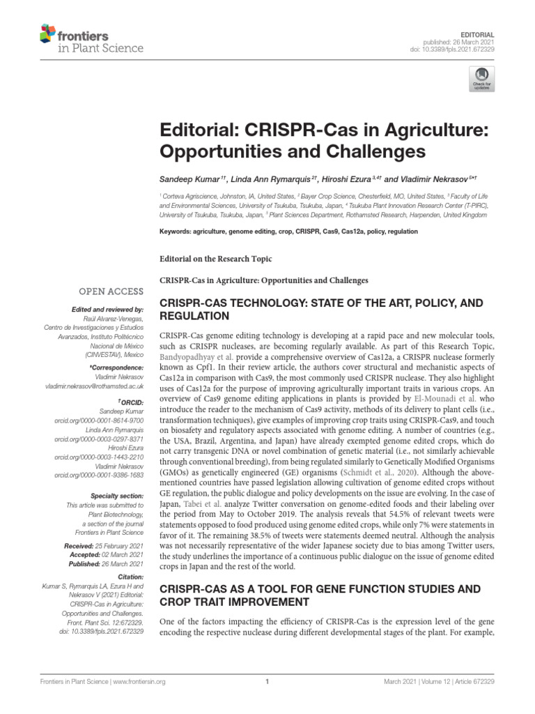 Editorial CRISPR-Cas in Agriculture Opportunities and Challenges | PDF ...