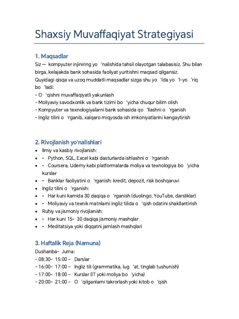 Shaxsiy Muvaffaqiyat Strategiyasi | PDF
