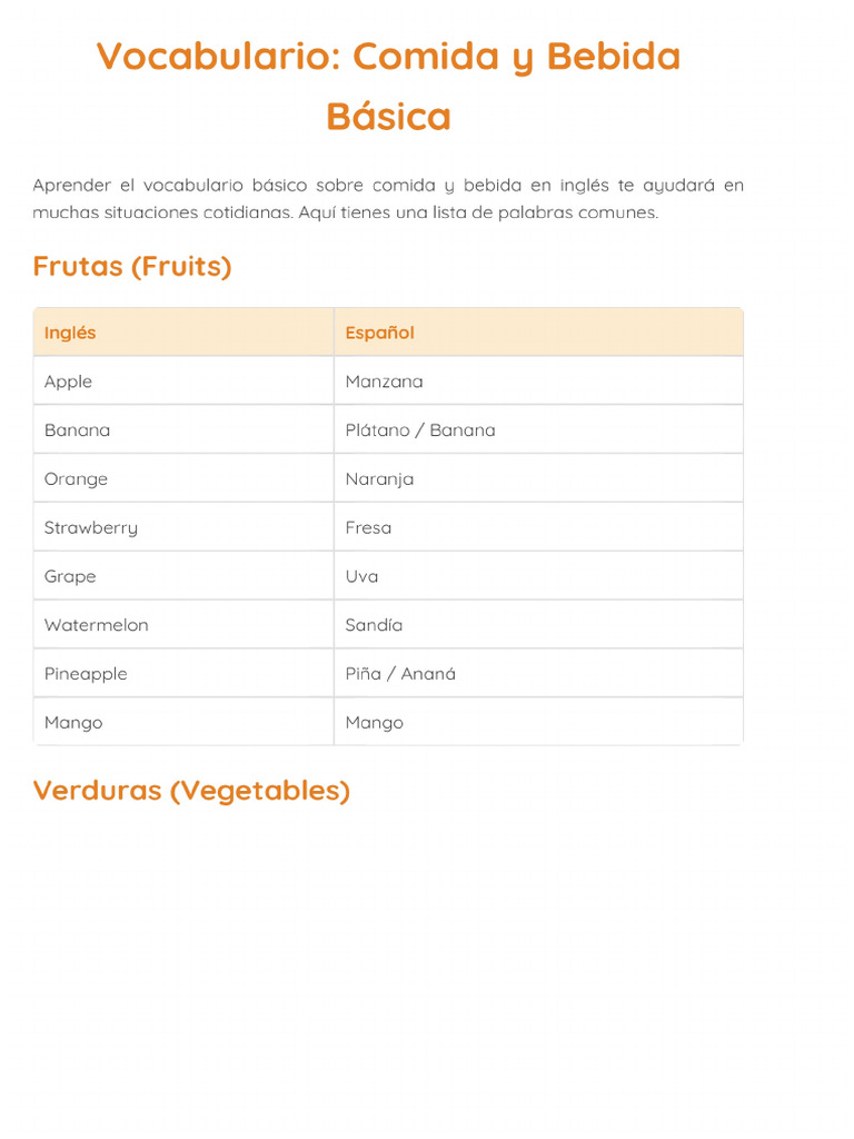 Vocabulario Comida Bebida | PDF