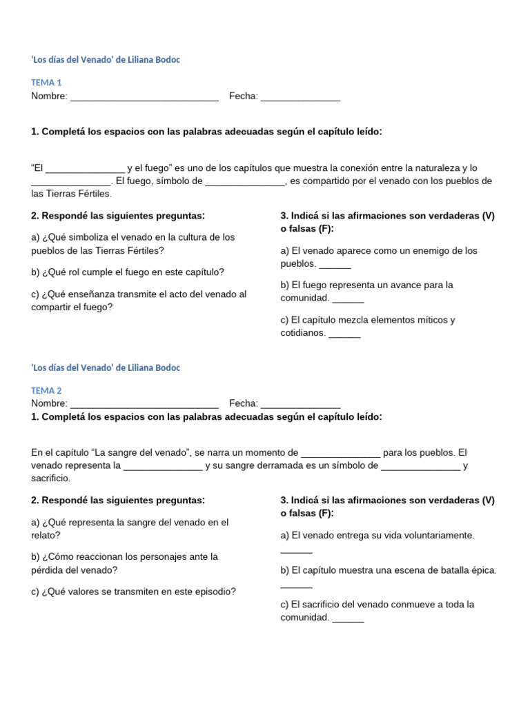 Evaluaciones Los Dias Del Venado 3 PARTE | PDF