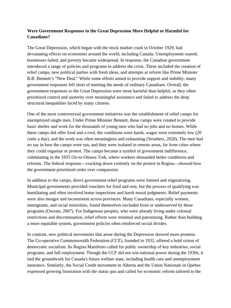 Depression Essay CHC2D | PDF | Great Depression | Economies