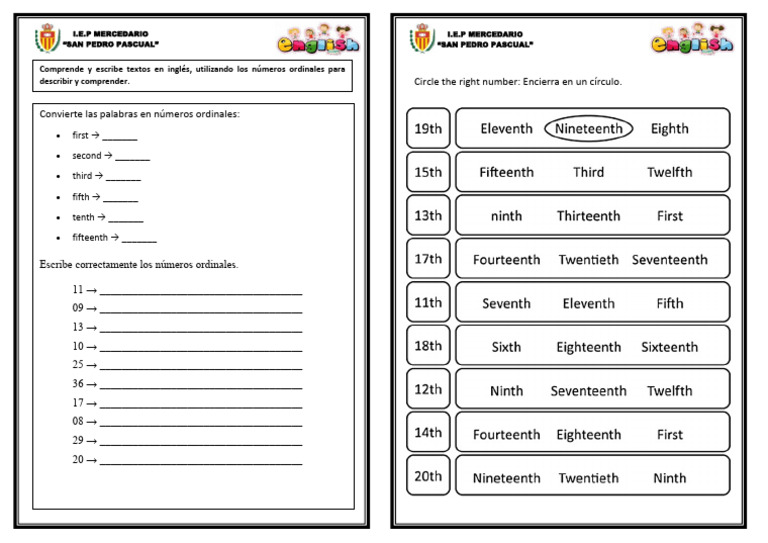 Ejercicios de Números Ordinales en Inglés | PDF