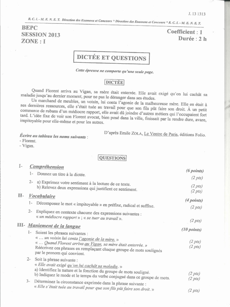 RCI BEPC 2013 Zone1 Dictee Questions | PDF