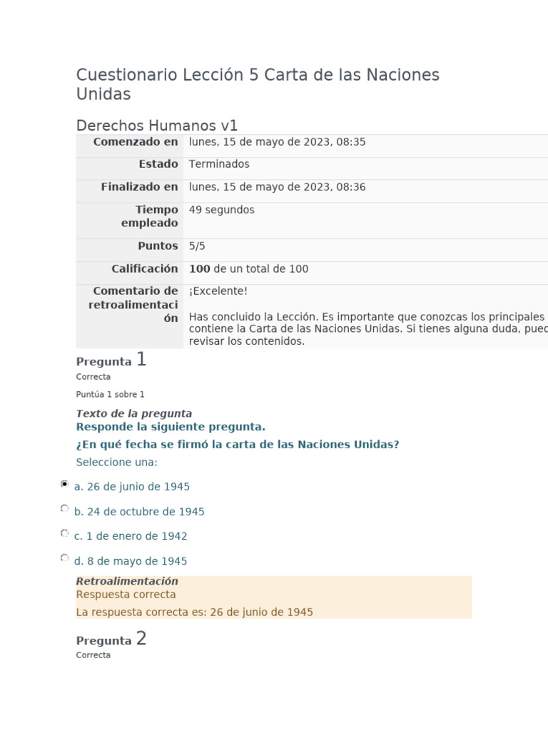 Cuestionario Lección 5 Carta de Las Naciones Unidas | PDF | Naciones ...