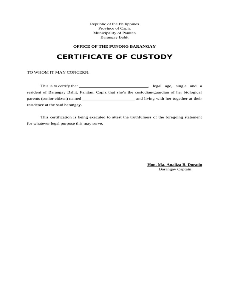 Certificate of Custody for Guardianship | PDF