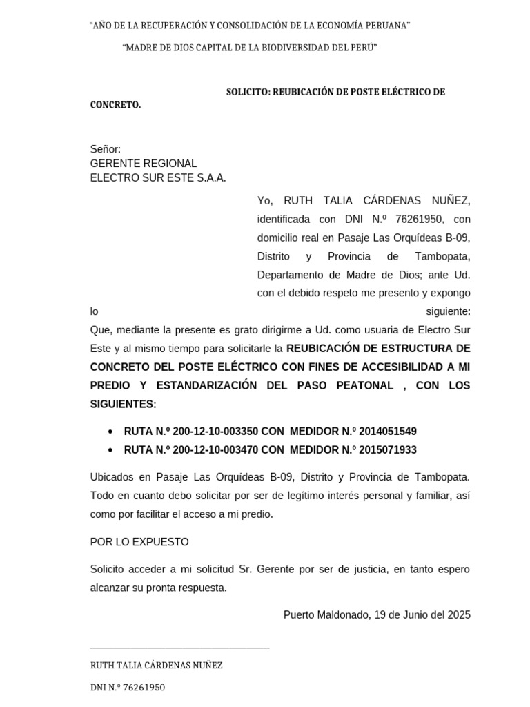 Solicitud Reubicacion Poste Ruth Talia Cardenas | PDF