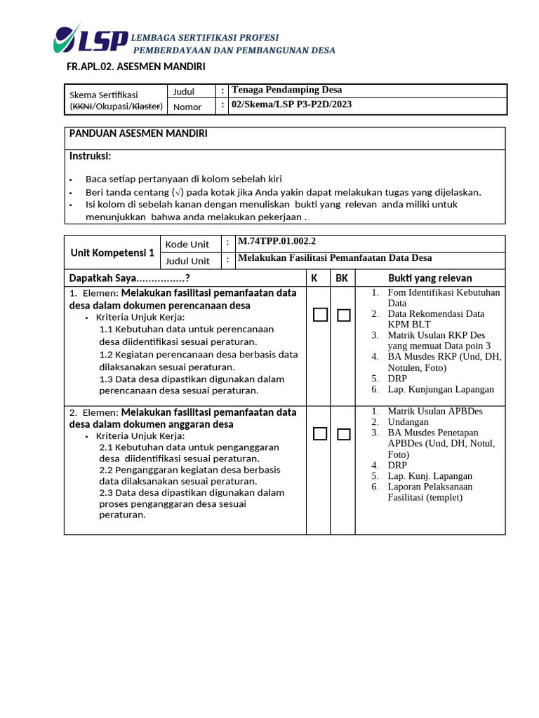 5.2. FR - Apl 02. Asesmen Mandiri Ver 2023 Skema PD - Fix | PDF