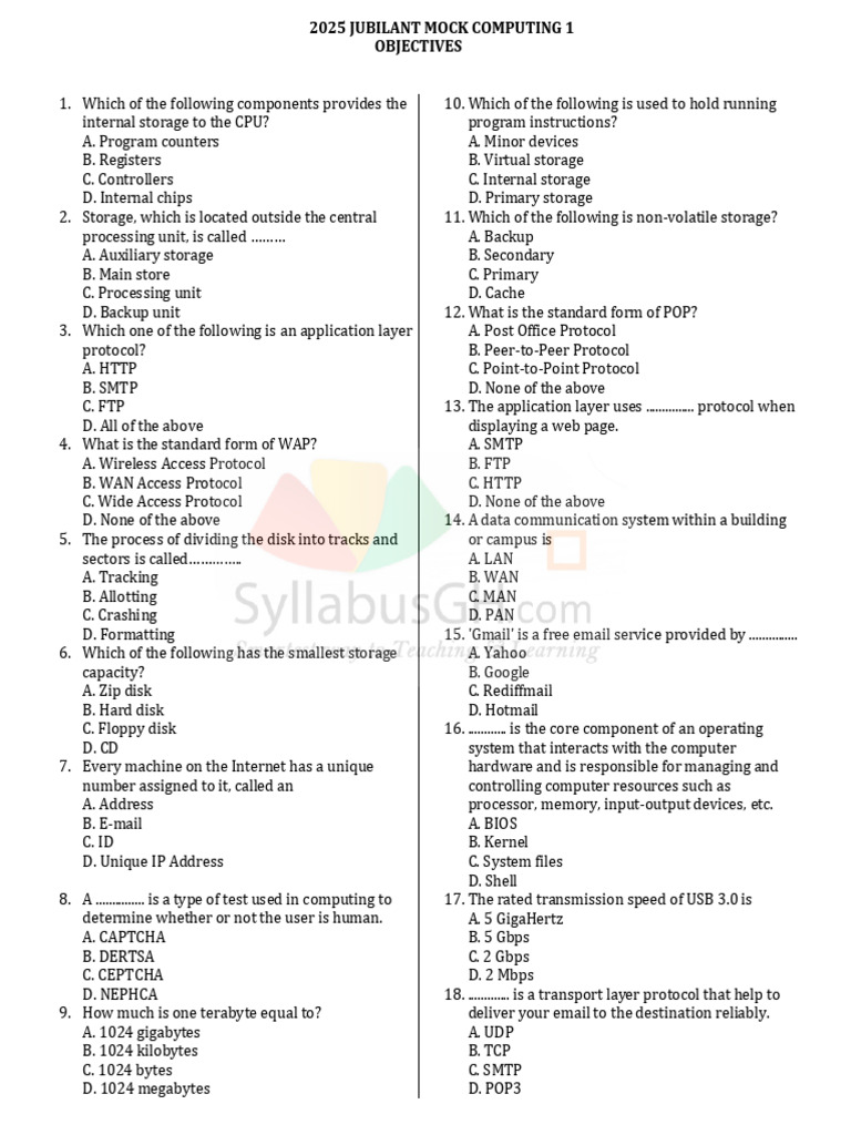 2025 Jubilant Mock Computing 1 | PDF | Computer Data Storage | Phishing
