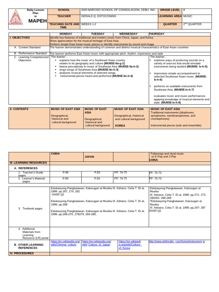 East Asian Music Lesson Plan for Grade 8 | PDF | Paintings | East Asia