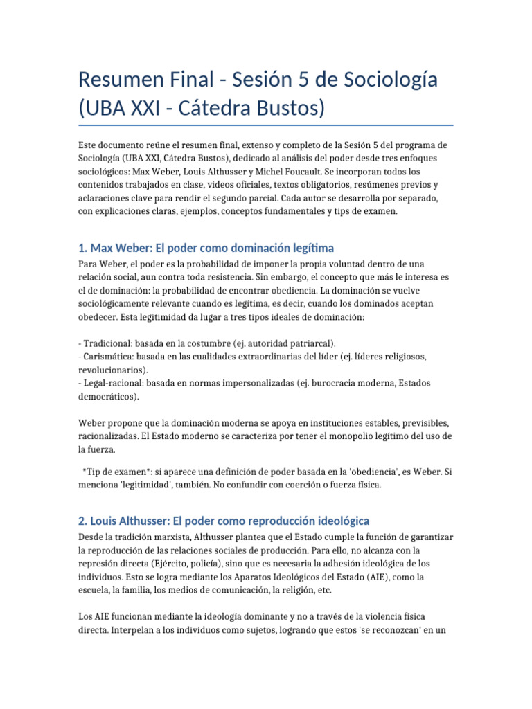 Resumen Sesion 5 Sociologia UBA XXI COMPLETO | PDF | Michel Foucault | Estado (política)