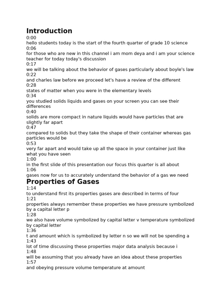 Introduction Transcript of Video For Behavior of Gases Science 10 4th ...