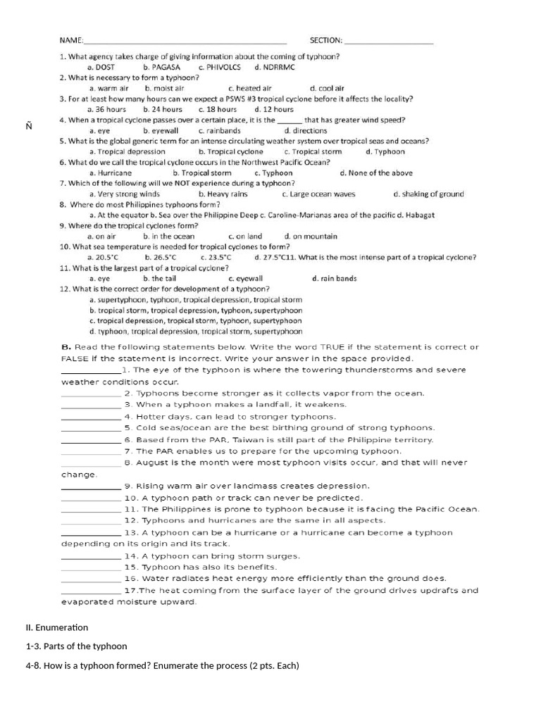Science 8 Typhoon Quiz | PDF