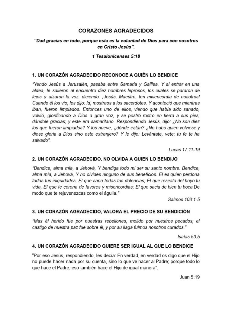 CORAZONES AGRADECIDOS Lección 1 Tesalonicenses 5:18 | PDF