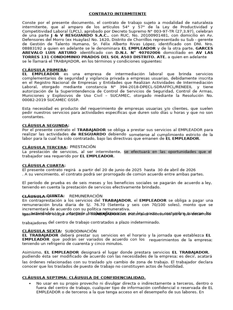 Contrato de Trabajo Intermitente | PDF | Seguridad y salud ocupacional