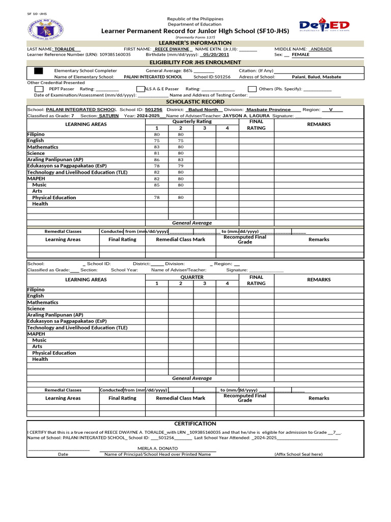 School Form 10 SF10 (1) Reece Dwayne Toralde | PDF | Educational Stages
