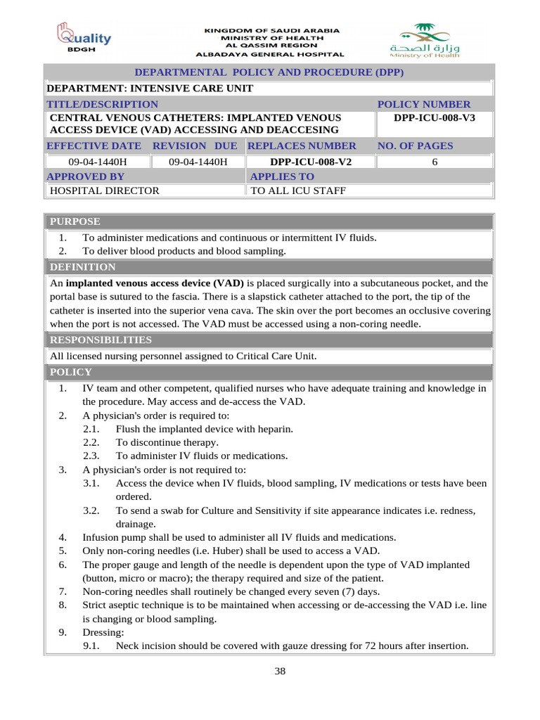 VAD Access and Deaccess Protocols | PDF | Intravenous Therapy ...