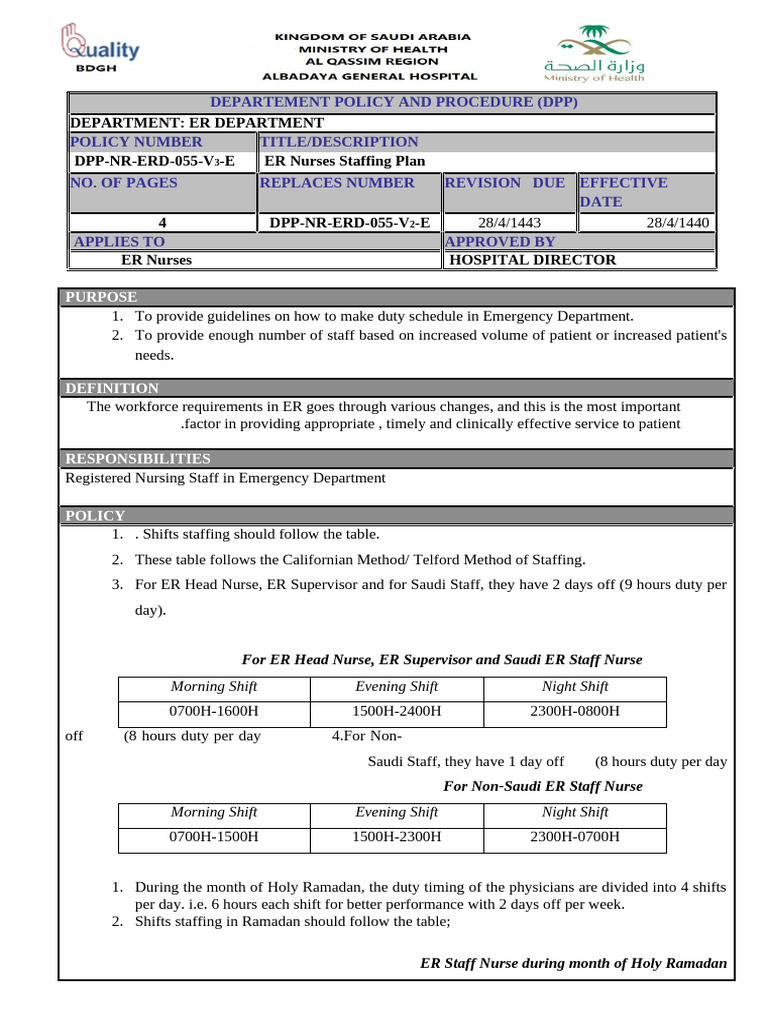 ER Nurses Staffing Policy Overview | PDF | Emergency Department | Nursing