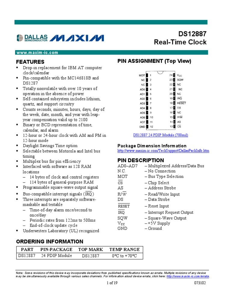 Dallas Ds12887a | PDF | Random Access Memory | Byte