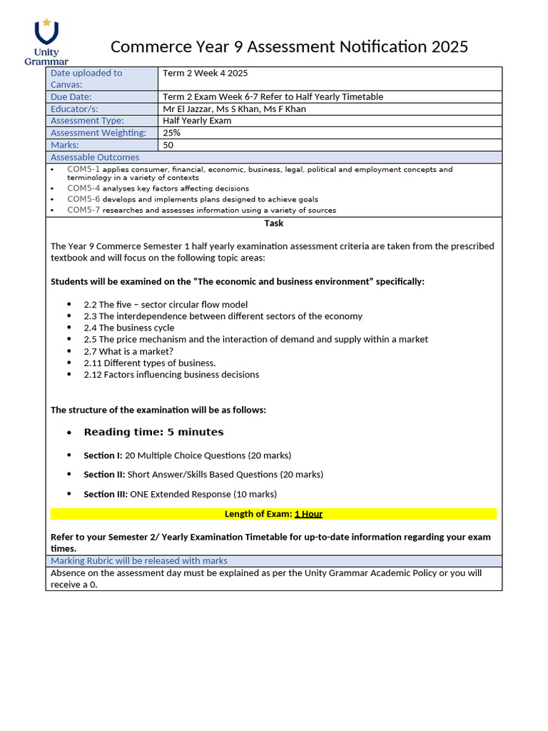 Year 9 commerce assessment notification!-1 | PDF