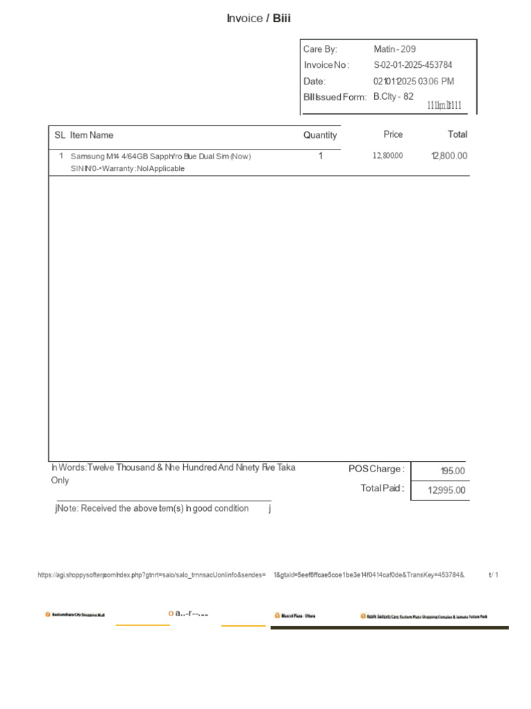 Invoice for Samsung M14 Purchase | PDF