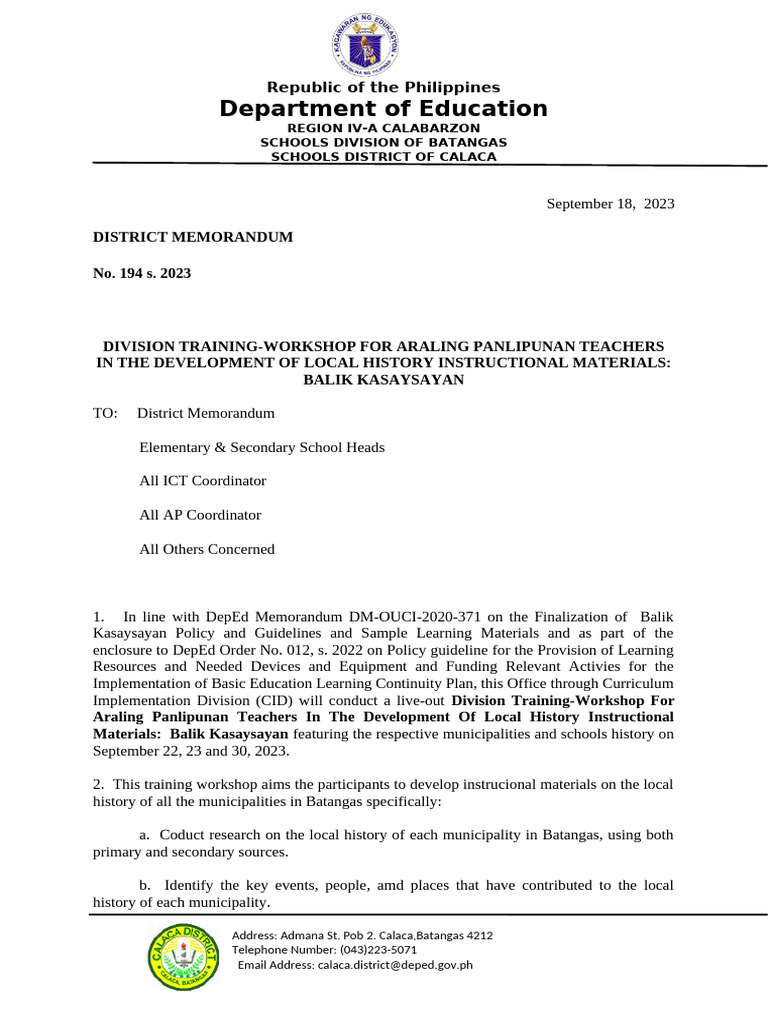 District Memo On AP Balik Kasaysayan | PDF