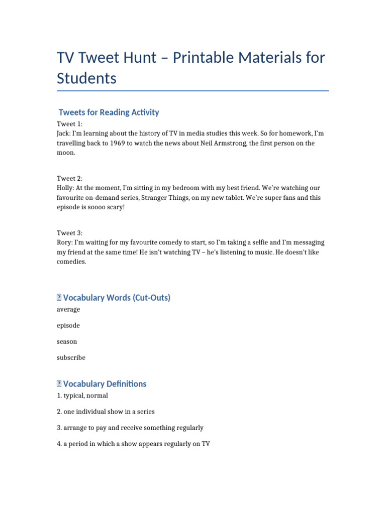 TV Tweet Hunt Student Printables | PDF
