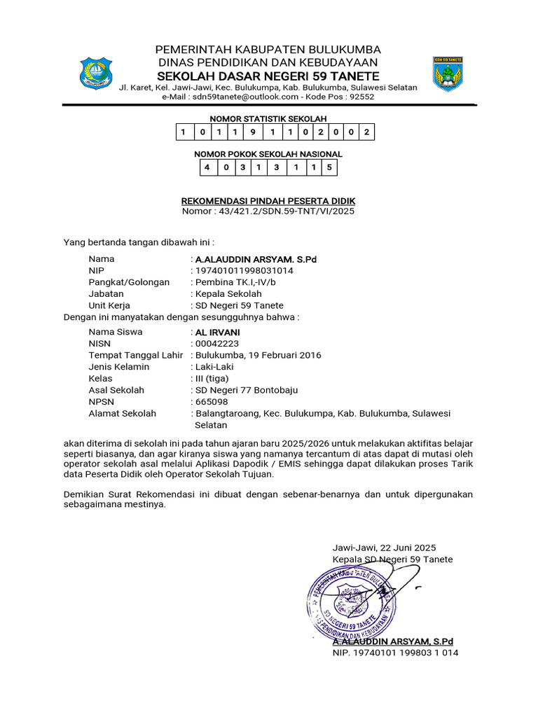 Surat Rekom Pindah SDN59 2025 AL IRVANI | PDF