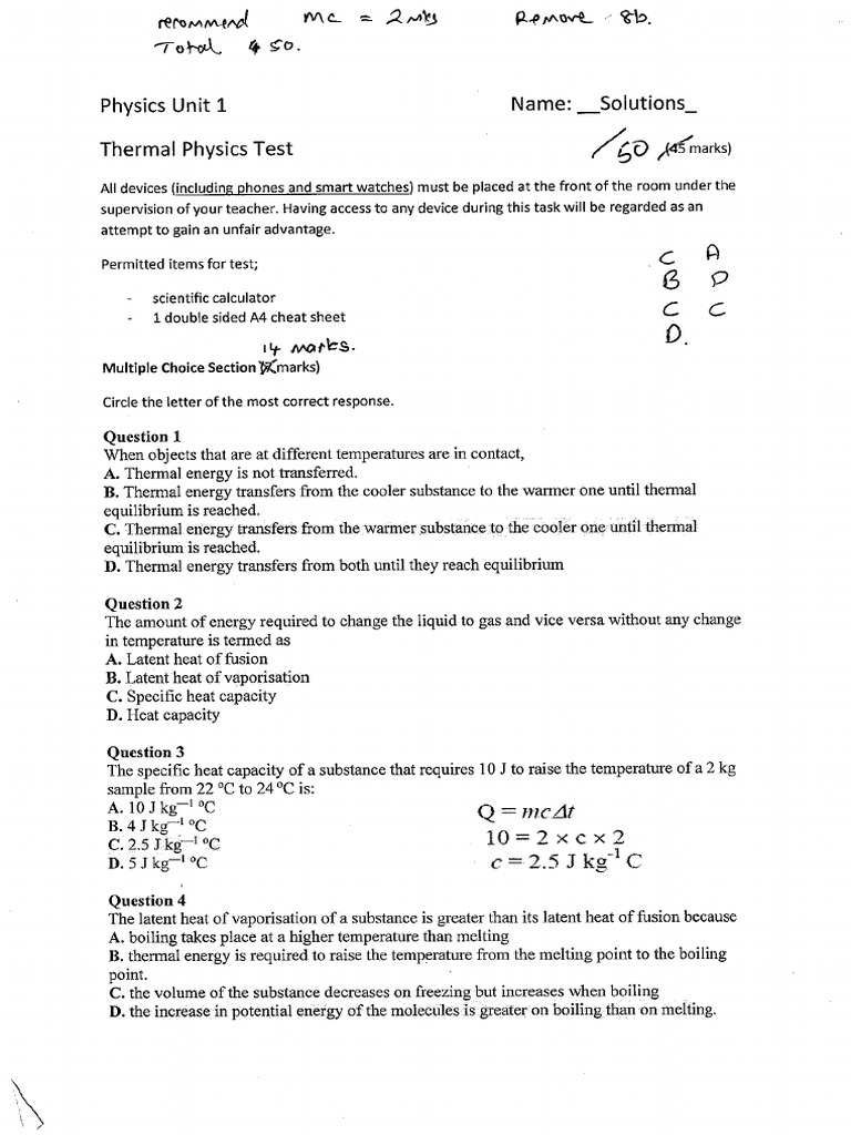 PH 11 Thermal Test 2017 Solutions | PDF
