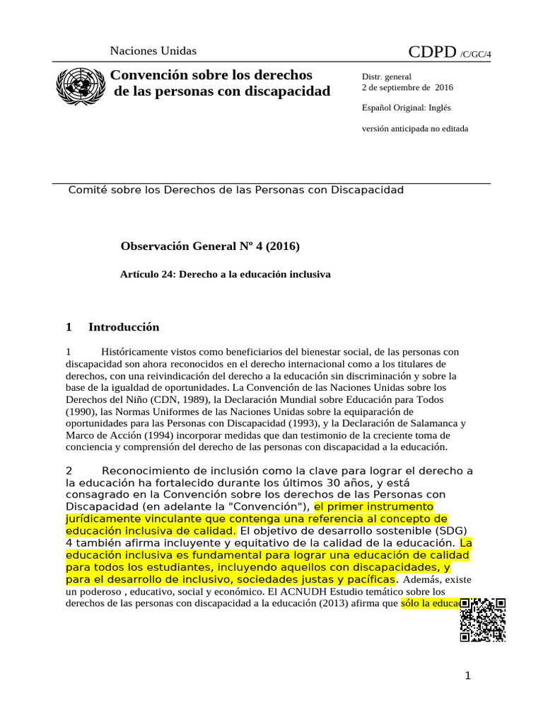 2016 CRPD-C-GC-4 Documento Del Comité Sobre Art24 | PDF | Invalidez ...