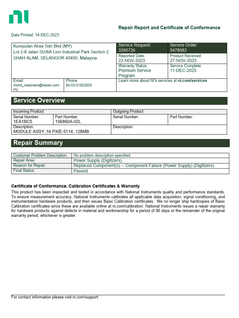 NIMFG Product Repair Report 141223 | PDF