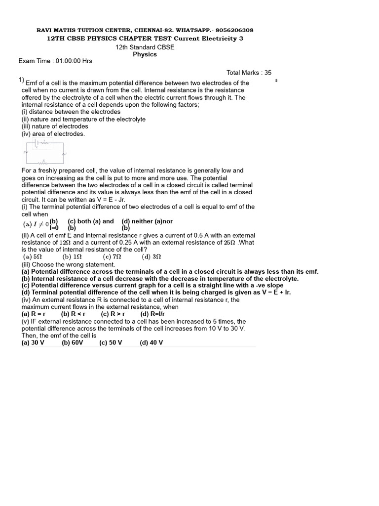 12th Cbse Physics Chapter Test Current Electricity 3a | PDF ...
