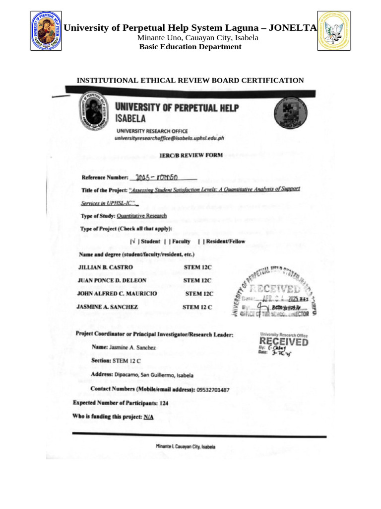 Institutional Ethical Review Board Certification | PDF
