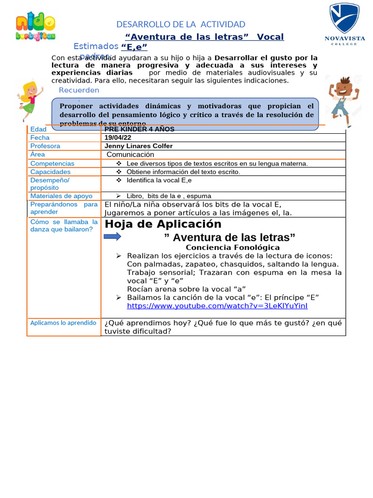 Actividad Aventura de Las Letras Letra E Conciencia Fonológica | PDF