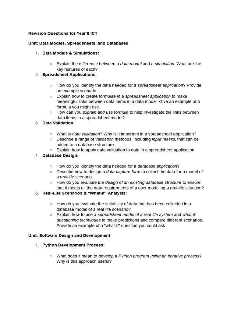 Year 8 ICT Revision Questions Guide | PDF | Spreadsheet | Algorithms