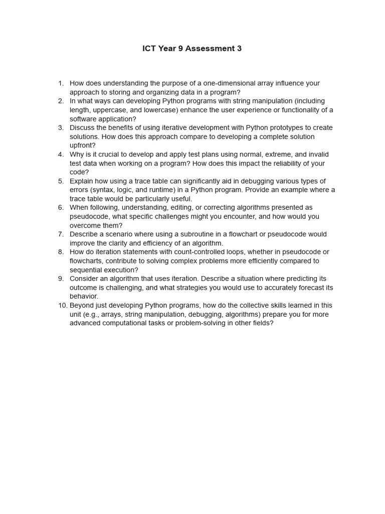 Year 9 ICT Assessment: Python & Algorithms | PDF