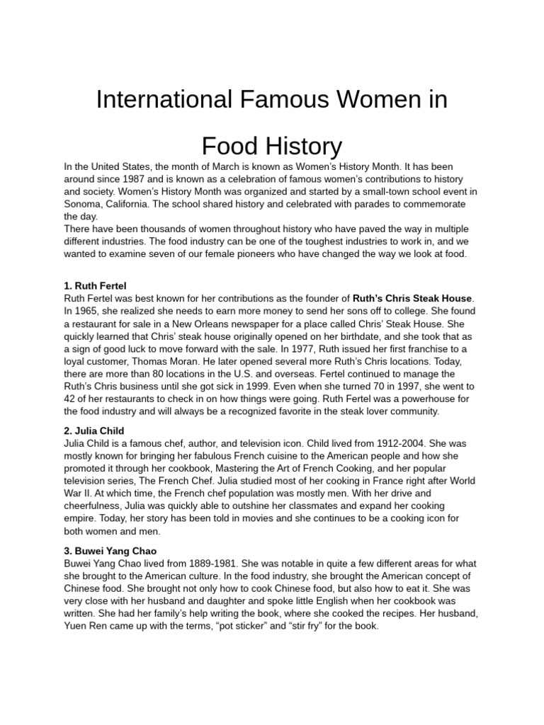 Famous Women in Food History | PDF | Cuisine | Food And Drink Preparation