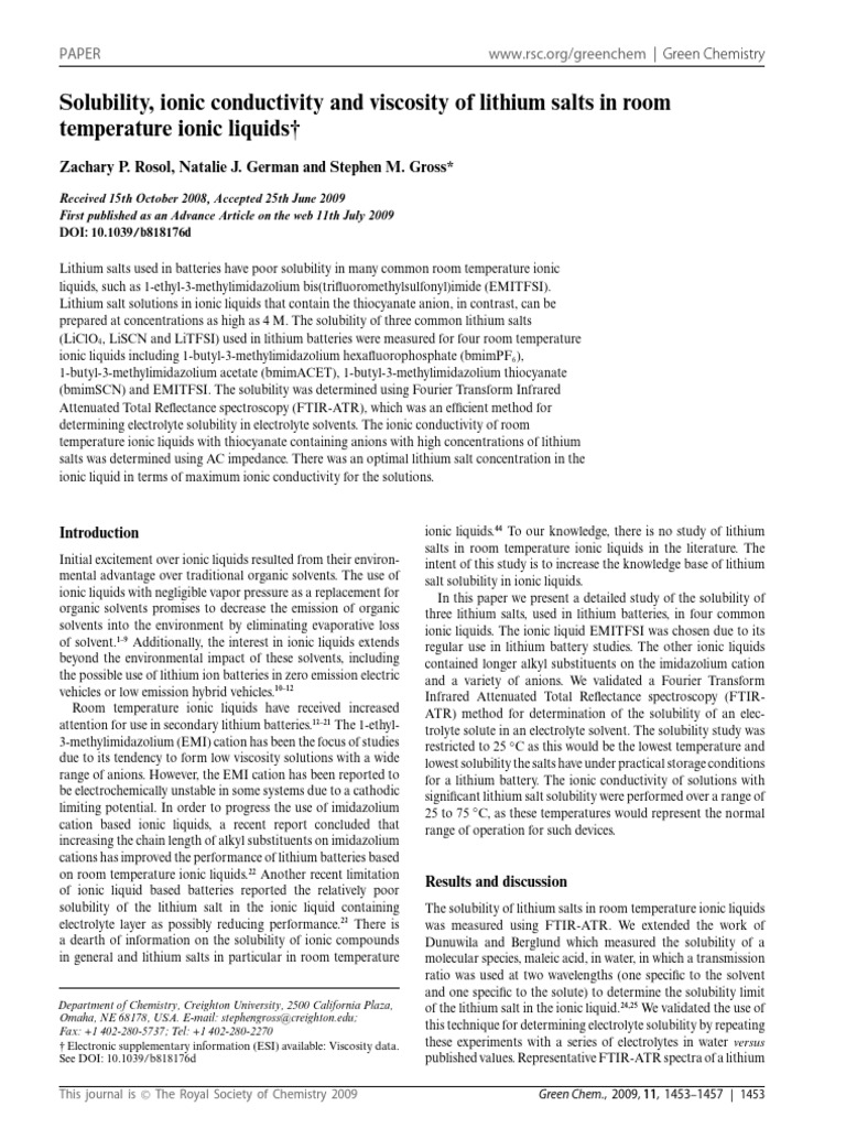 Rosol Et Al. - 2009 - Solubility, Ionic Conductivity and Viscosity of Li | PDF | Salt (Chemistry ...