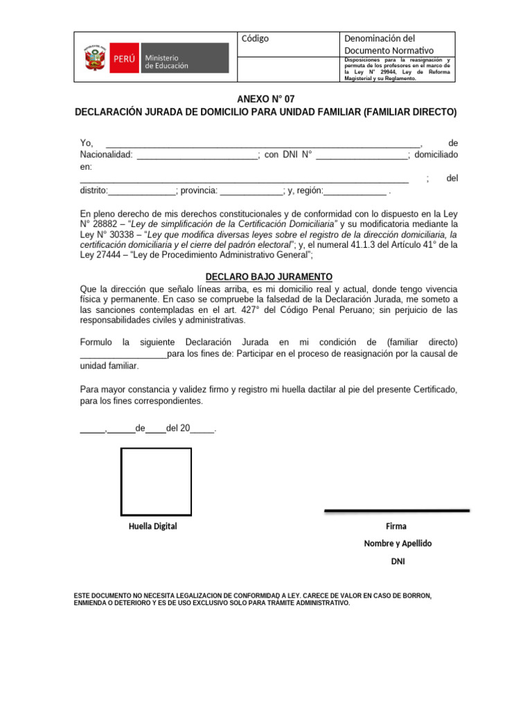 Nuevo - Anexo - 07 - Declaracion-Jurada-Para-Unidad-Familiar 2025 | PDF | Ley Pública | Gobierno