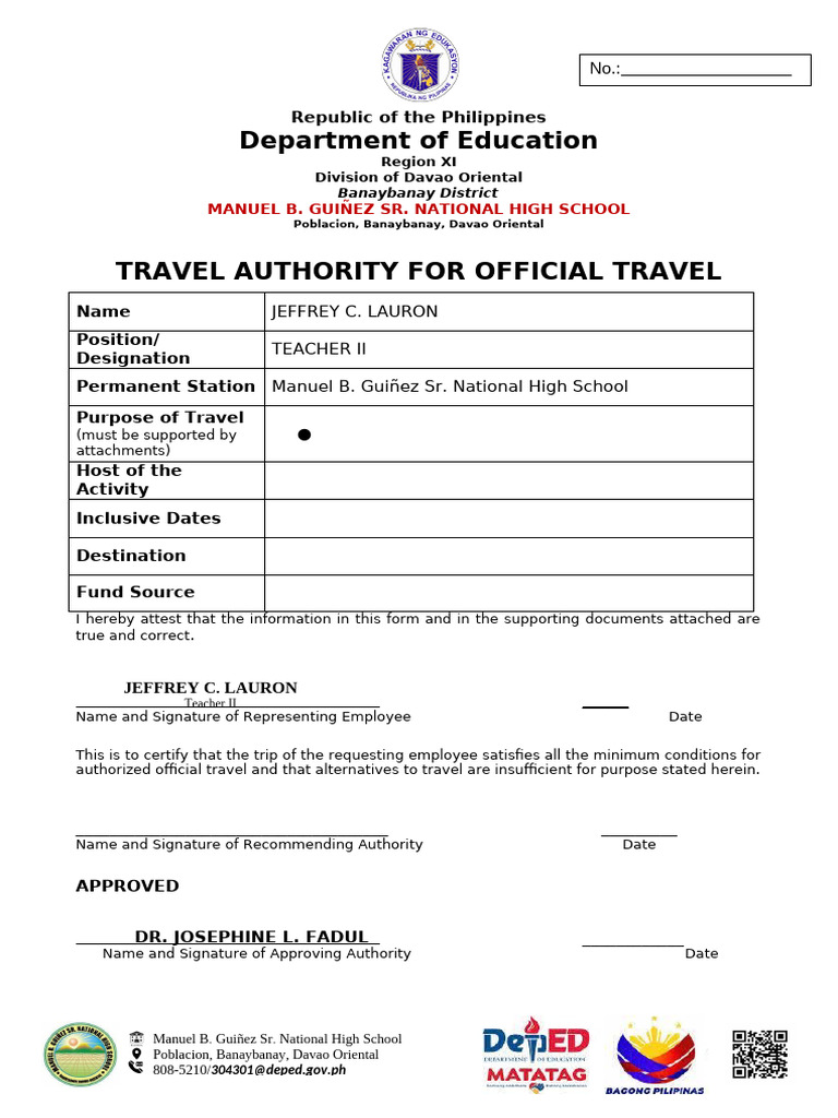 Official Travel Authority Request | PDF
