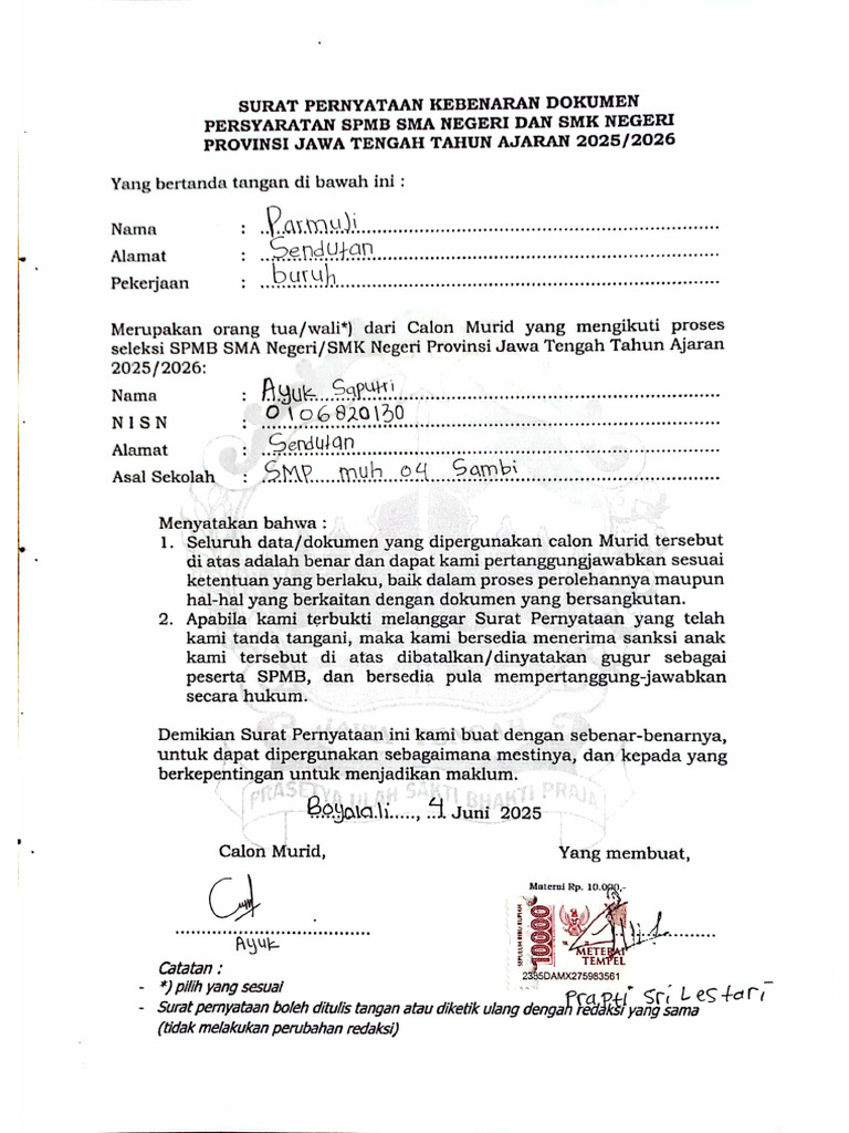 Surat Pernyataan Ayuk 2 | PDF