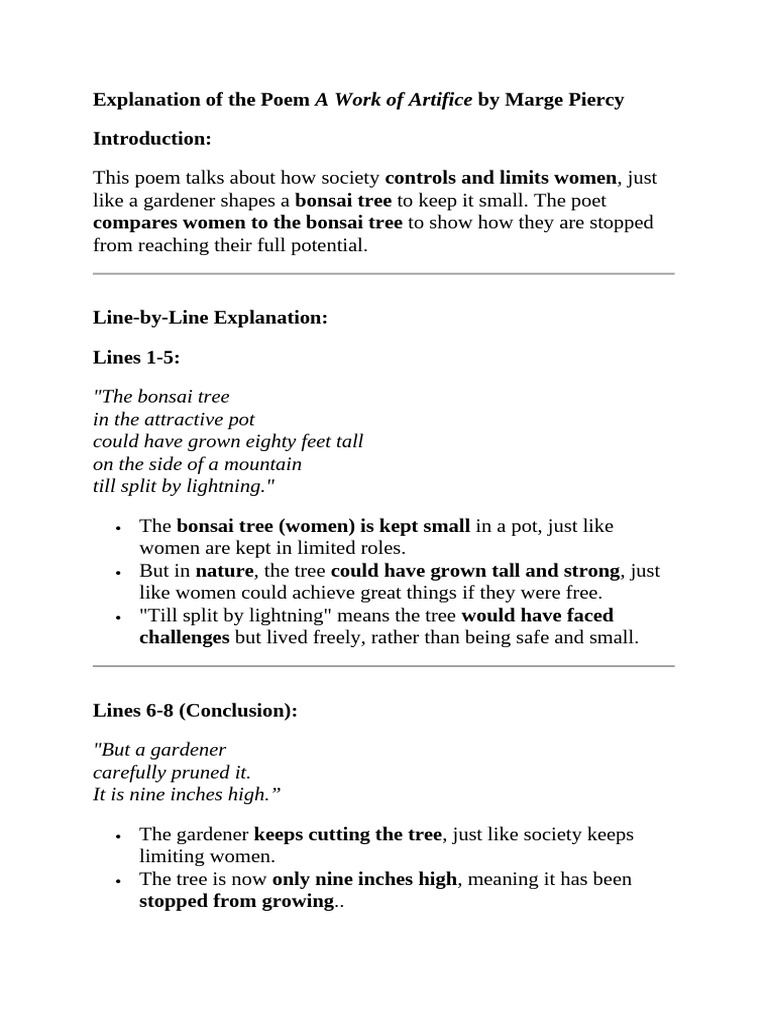Explanation of The Poem A Work of Artifice by Marge Piercy | PDF | Trees