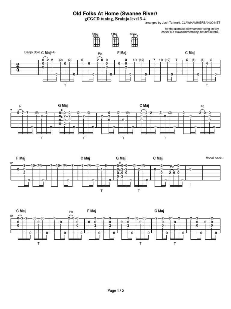Clawhammer Banjo: Swanee River Arrangement | PDF | Songs | Folk Music