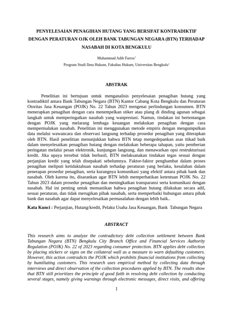 Penagihan Hutang BTN vs POJK 2023 | PDF