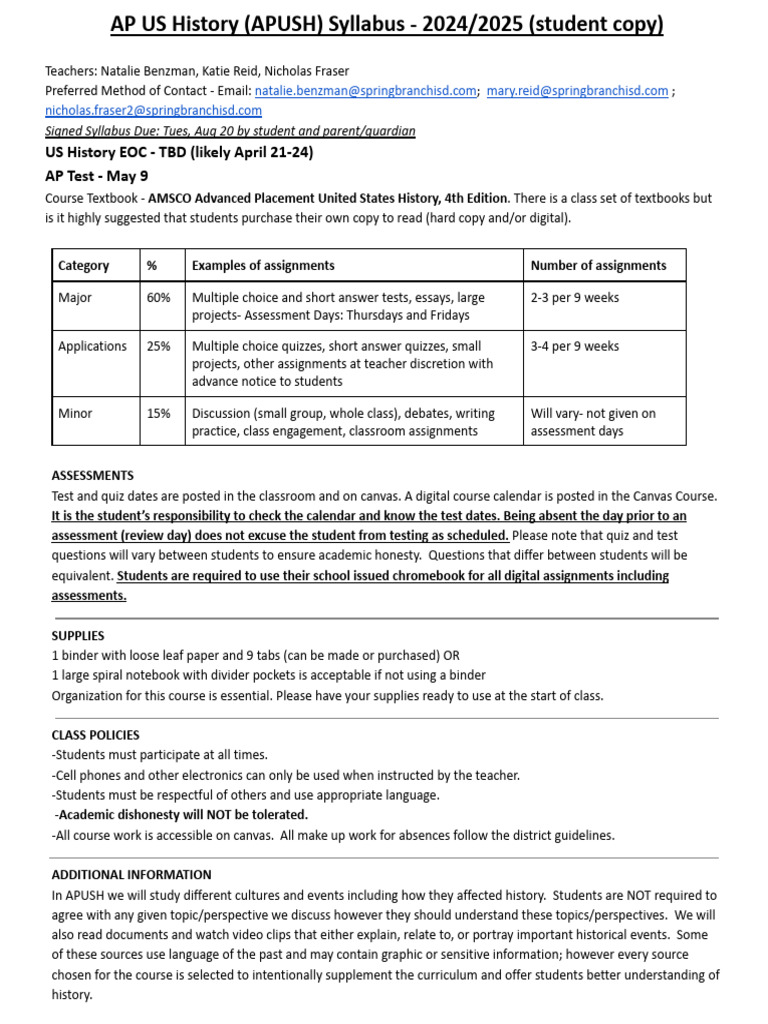 APUSH History Syllabus - 24 - 25 | PDF | Academic Dishonesty | Homework