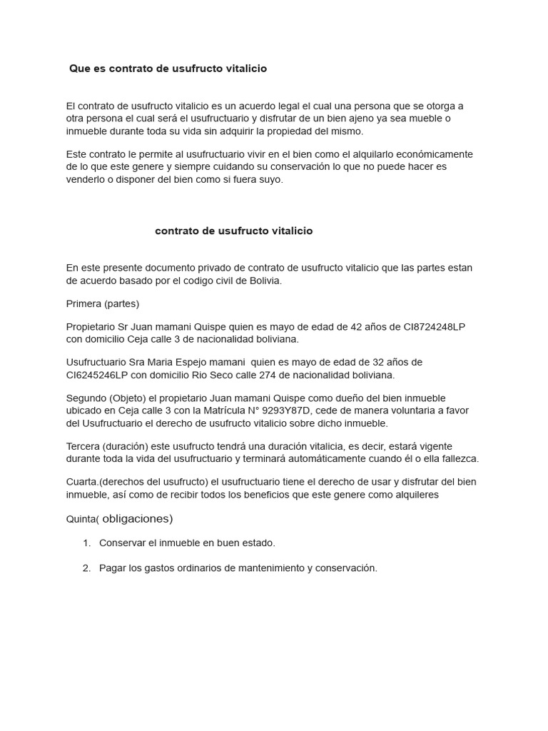 Contrato de Usufructo Vitalicio | PDF