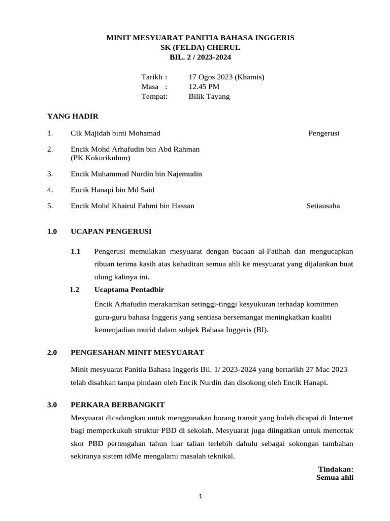 Minit Mesyuarat Panitia BI Bil. 2 2023-24 | PDF