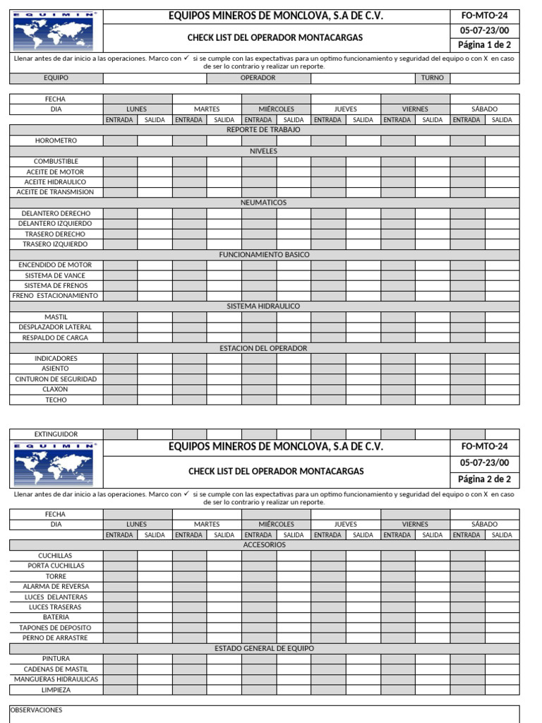 FO-MTO-24 Check List Op. Montacragas | PDF | Fabricantes de automóviles ...