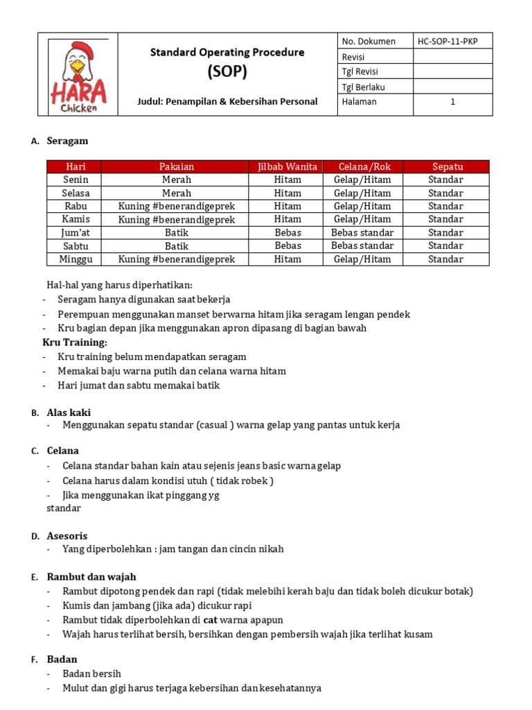 SOP10 - Penampilan & Kebersihan Personal-1 New | PDF