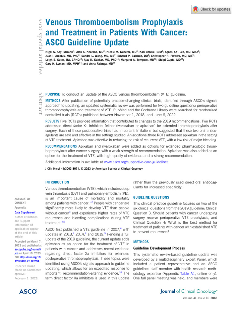 Key Et Al 2023 Venous Thromboembolism Prophylaxis and Treatment in Patients With Cancer Asco ...