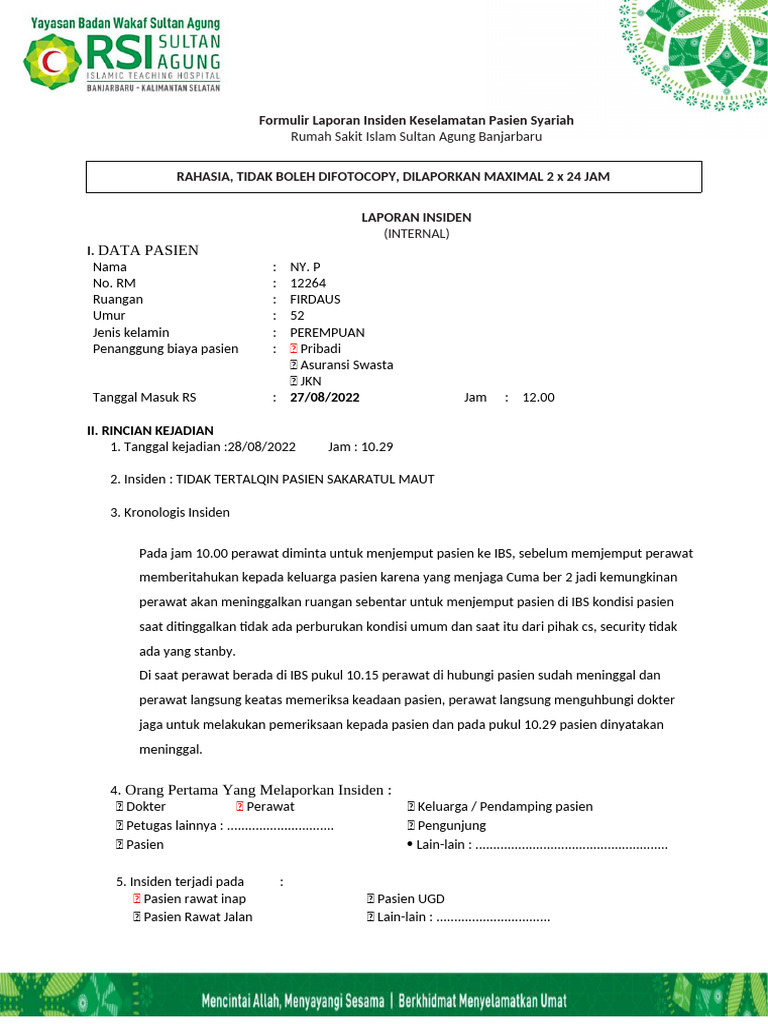 Laporan Insiden Keselamatan Pasien RSIS | PDF
